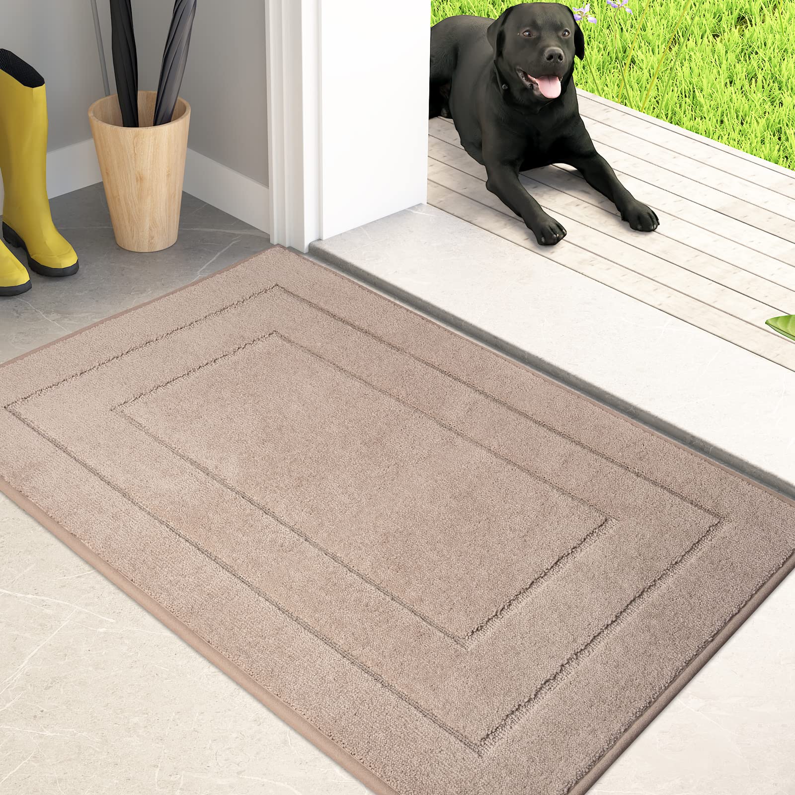 PURRUGS Dirt Trapper Door Mat 24" x 35.5", Non-Slip/Skid Machine Washable Entryway Rug, Dog Door Mat, Super Absorbent Welcome Mat for Muddy Wet Shoes and Paws, Beige