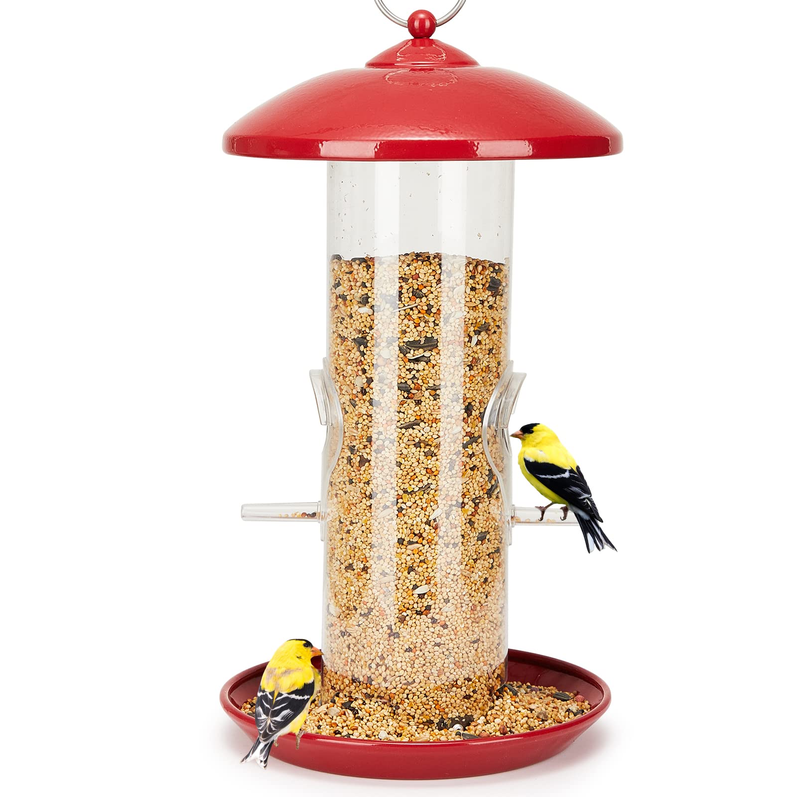 Kingsyard Tube Wild Bird Feeders for Outside Hanging, Finch Feeder with Metal Weatherproof Roof and Round Feeding Tray, 2.5 lbs Seed Capacity (Red)