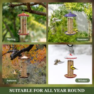 Kingsyard Tube Wild Bird Feeders for Outside Hanging, Finch Feeder with Metal Weatherproof Roof and Round Feeding Tray, 2.5 lbs Seed Capacity (Red)