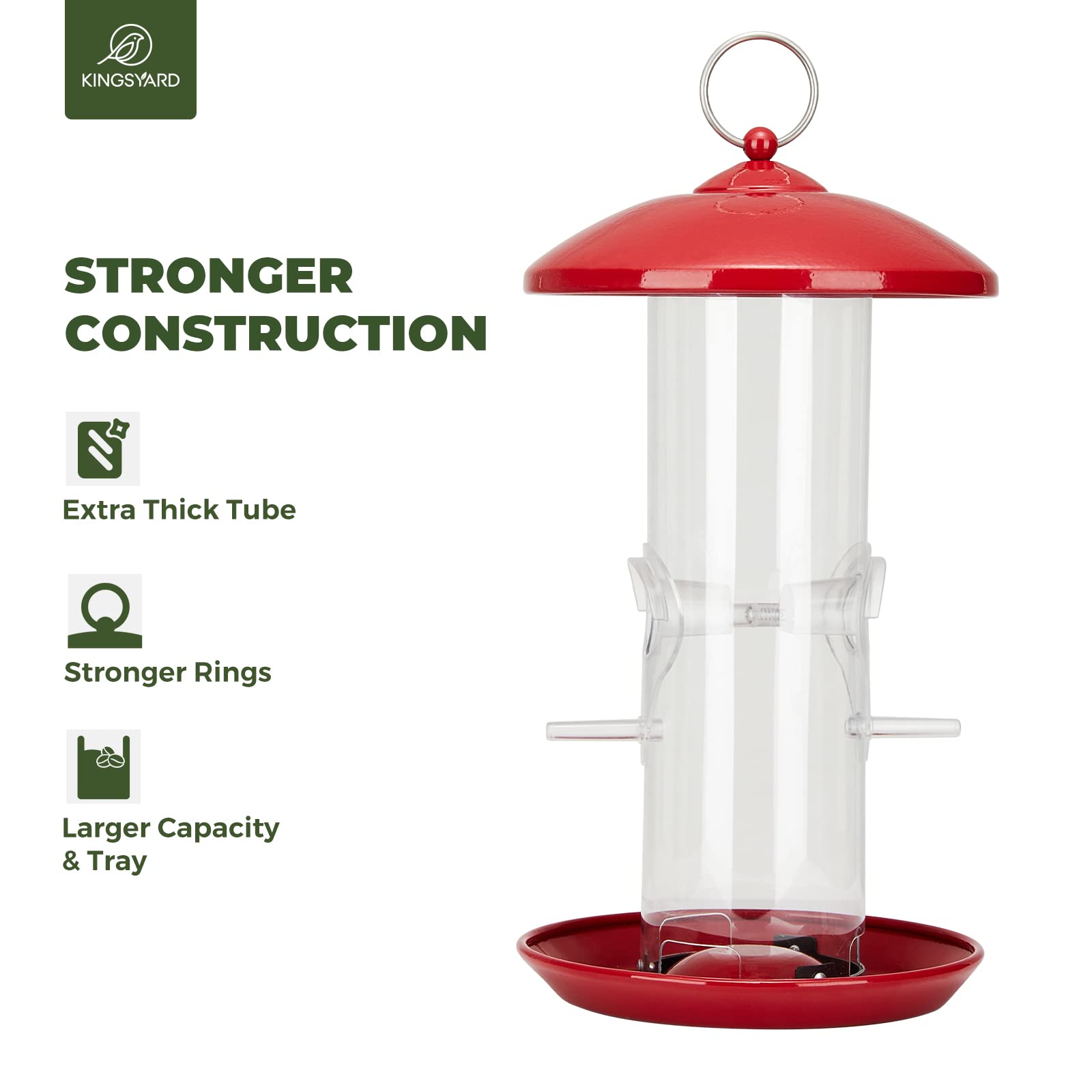 Kingsyard Tube Wild Bird Feeders for Outside Hanging, Finch Feeder with Metal Weatherproof Roof and Round Feeding Tray, 2.5 lbs Seed Capacity (Red)