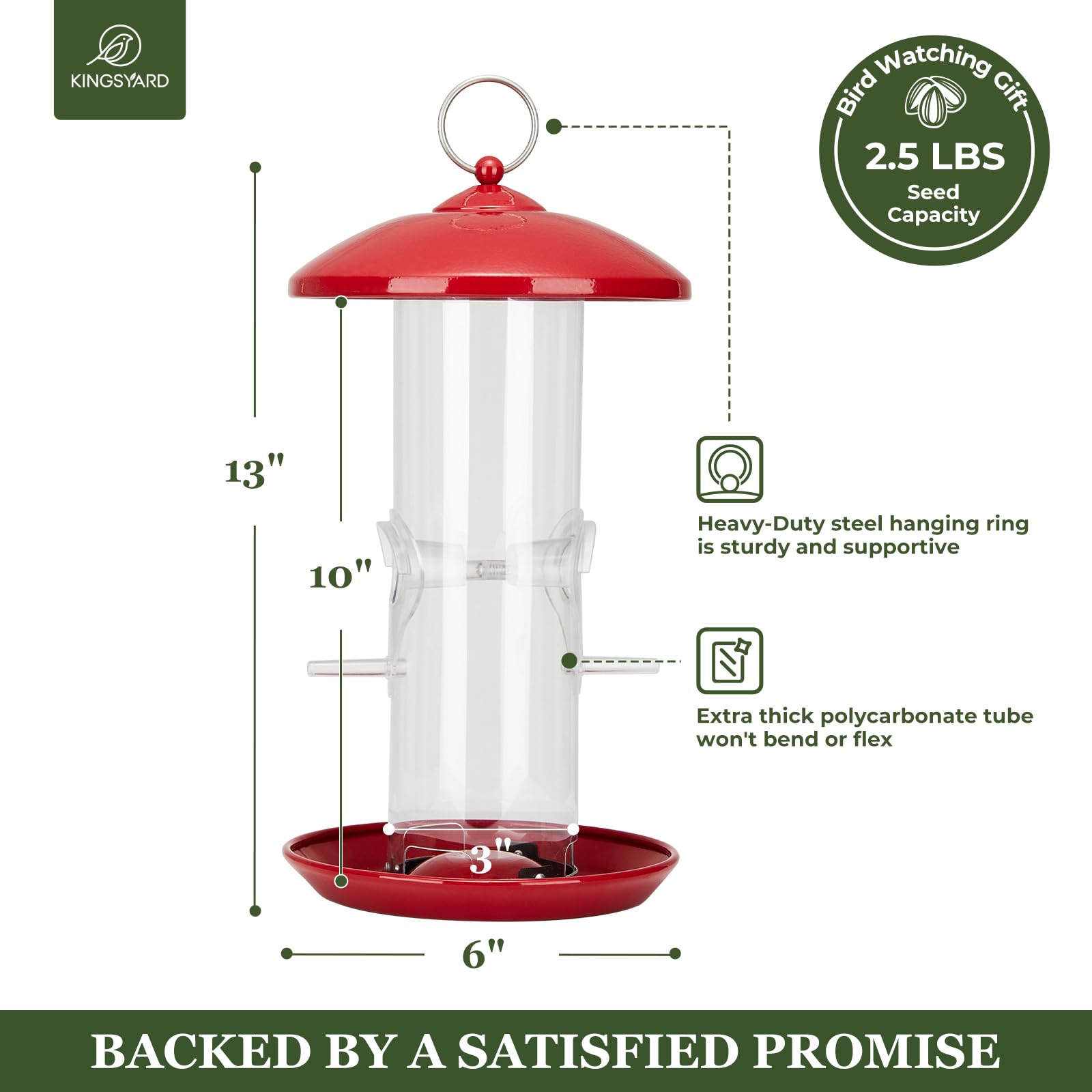 Kingsyard Tube Wild Bird Feeders for Outside Hanging, Finch Feeder with Metal Weatherproof Roof and Round Feeding Tray, 2.5 lbs Seed Capacity (Red)