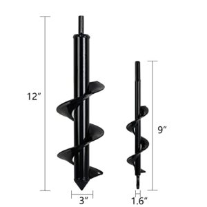 Garden Auger Spiral Drill Bits Set of 2, 3''x12'' /1.6''x9''Earth Auger Drill Bits Heavy Metal Auger Drill Bit for Hex Driver Drill