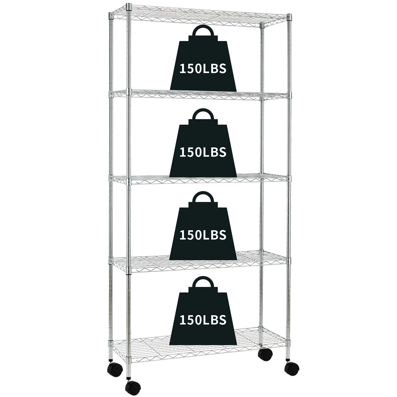 MGHH Garage Shelving, Metal Shelves 5 Tier Wire Shelving Unit Adjustable Heavy Duty Sturdy Steel Shelving Rolling Cart with Casters for Pantry Garage Kitchen (Chrome, 14" D x 30" W x 60" H)