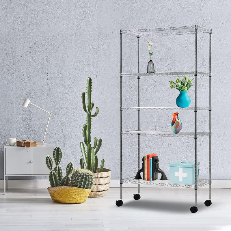 MGHH Garage Shelving, Metal Shelves 5 Tier Wire Shelving Unit Adjustable Heavy Duty Sturdy Steel Shelving Rolling Cart with Casters for Pantry Garage Kitchen (Chrome, 14" D x 30" W x 60" H)