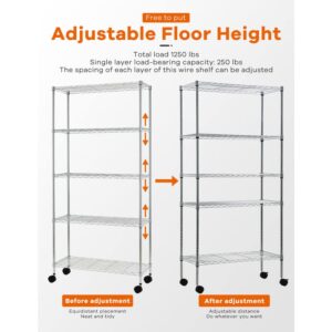 MGHH Garage Shelving, Metal Shelves 5 Tier Wire Shelving Unit Adjustable Heavy Duty Sturdy Steel Shelving Rolling Cart with Casters for Pantry Garage Kitchen (Chrome, 14" D x 30" W x 60" H)