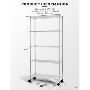 MGHH Garage Shelving, Metal Shelves 5 Tier Wire Shelving Unit Adjustable Heavy Duty Sturdy Steel Shelving Rolling Cart with Casters for Pantry Garage Kitchen (Chrome, 14" D x 30" W x 60" H)