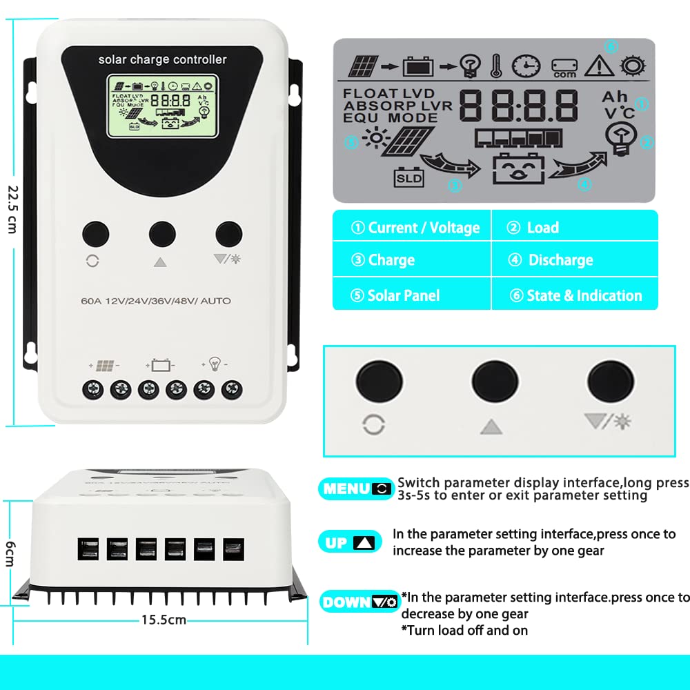 BreeRainz 60A Solar Charge Controller 12V/24V/36V/48V DC Input,PV Solar Panel Regulator w/LCD Display for Lithium/Sealed/Ge/Flood Battery