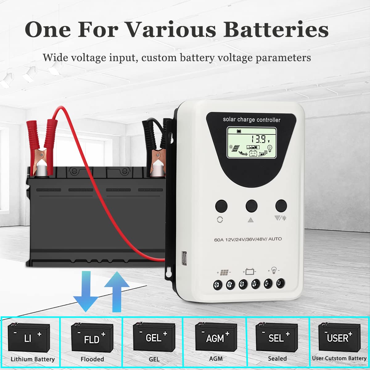 BreeRainz 60A Solar Charge Controller 12V/24V/36V/48V DC Input,PV Solar Panel Regulator w/LCD Display for Lithium/Sealed/Ge/Flood Battery