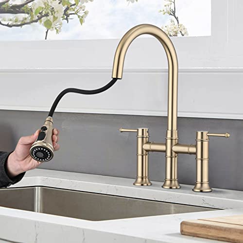 Dornberg Bridge Kitchen Faucet with Pull Down Sprayer, 3 Hole Kitchen Sink Faucet Spot Free Stainless Steel, 2 Handle for Easy Controlled Cold and Hot Water - Brushed Golden