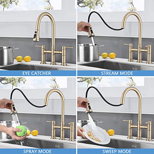 Dornberg Bridge Kitchen Faucet with Pull Down Sprayer, 3 Hole Kitchen Sink Faucet Spot Free Stainless Steel, 2 Handle for Easy Controlled Cold and Hot Water - Brushed Golden