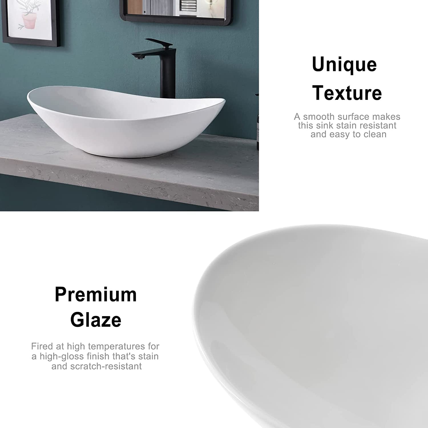 Davivy 24'' X 13.8'' Oval Vessel Sink with Pop Up Drain,Bathroom Vessel Sinks,Bathroom Sinks Above Counter,White Vessel Sink,Counter top Sink,Ceramic Vessel Sink,Oval Sink Bowls for Bathroom