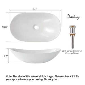 Davivy 24'' X 13.8'' Oval Vessel Sink with Pop Up Drain,Bathroom Vessel Sinks,Bathroom Sinks Above Counter,White Vessel Sink,Counter top Sink,Ceramic Vessel Sink,Oval Sink Bowls for Bathroom