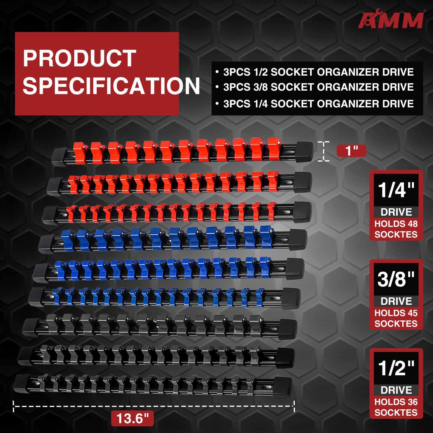 AMM 9-Piece Socket Organizer, 1/2 inch, 3/8 inch and 1/4 inch Drive socket holders organizers,Heavy Duty Socket Racks, Premium Quality Socket Clip Rail Holder,The best tool organizer in the garage