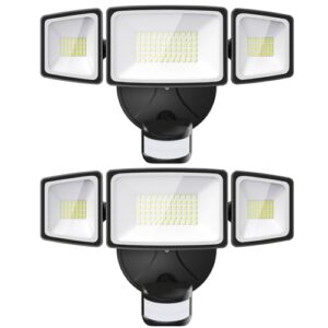 onforu 2 pack 65w led motion sensor outdoor lights, 6500lm 6500k ip65 waterproof security lights motion outdoor flood lights fixture detection detector 3 adjustable heads for eave yard garage wall