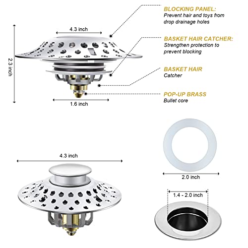 Yevheniys Bathtub Drain Plug, 2 in 1 Stopper & Hair Catcher, with Stainless Steel Filtered Pop-Up Filter for US Standard Bathtubs Hole Diameter (1.6-2.0 Inch)