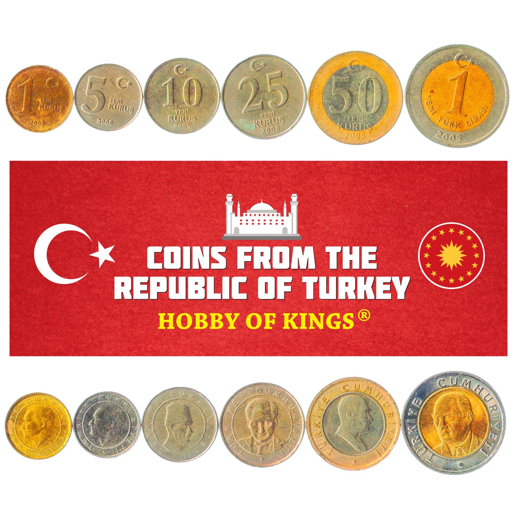 6 Coins from Turkey | Turkish Coin Set Collection 1 5 10 25 50 Yeni Kurus 1 Yeni Lira | Circulated 2005-2008 | Mustafa Kemal Atatürk | Crescent and Star