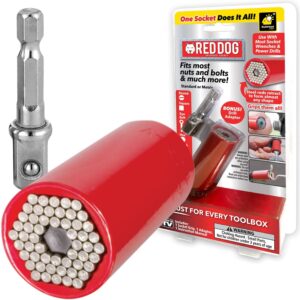 red dog socket w/ drill adapter, fits most nuts & bolts, use with socket wrenches & power drills, steel rods form any shape, standard or metric, 2 in.