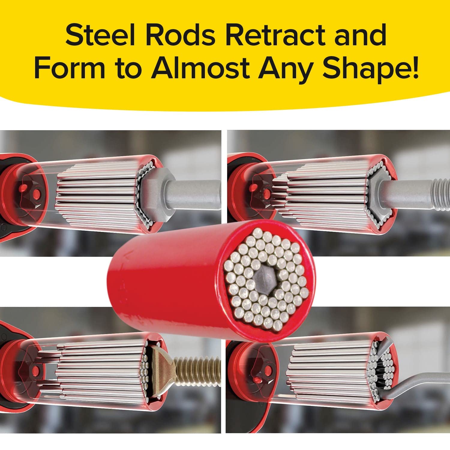 Red Dog Socket w/ Drill Adapter, Fits Most Nuts & Bolts, Use with Socket Wrenches & Power Drills, Steel Rods Form Any Shape, Standard or Metric, 2 In.