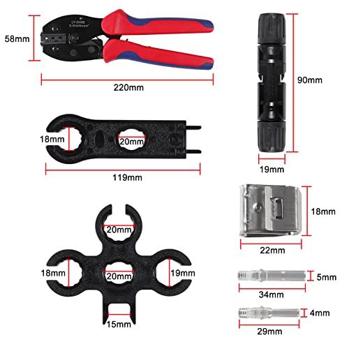 37 in 1 Solar Crimping Tool Kit,Wire Stripper, 6 Pairs of Male/Female Solar Panel Cable Connectors, 1 Crimper Tool,2pcs Spanner Wrench Tool Kit for 2.5/4.0/6.0mm² Solar Panel PV Cable