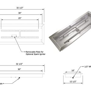 Shengyongh SS030 (1-Pack) 30 x 10 inch Rect Drop-in Fire Pit Pan H-Burner Installed, 125,000 BTU Max