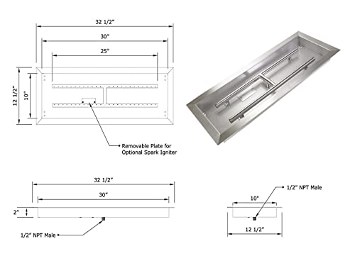 Shengyongh SS030 (1-Pack) 30 x 10 inch Rect Drop-in Fire Pit Pan H-Burner Installed, 125,000 BTU Max