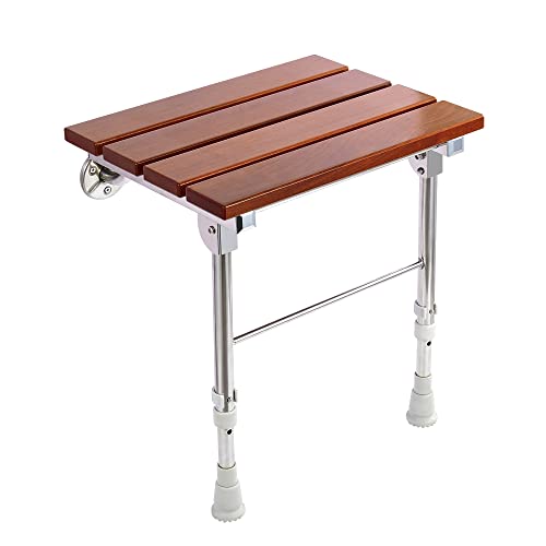 Folding Shower Seat Wall Mounted with Legs, Shower Seat Benches Stool Chair for Inside Shower, Fold Down Shower Seat for Seniors Small Shower Space, Foldable Fold up Waterproof Wood Height Adjustable