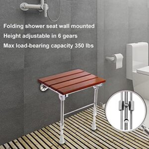 Folding Shower Seat Wall Mounted with Legs, Shower Seat Benches Stool Chair for Inside Shower, Fold Down Shower Seat for Seniors Small Shower Space, Foldable Fold up Waterproof Wood Height Adjustable