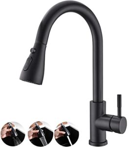 kitchen faucet with pull down sprayer, black kitchen faucet with 3 functions sprayer, single handle stainless steel faucet for kitchen sink with water lines, matte black