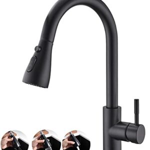 Kitchen Faucet with Pull Down Sprayer, Black Kitchen Faucet with 3 Functions Sprayer, Single Handle Stainless Steel Faucet for Kitchen Sink with Water Lines, Matte Black