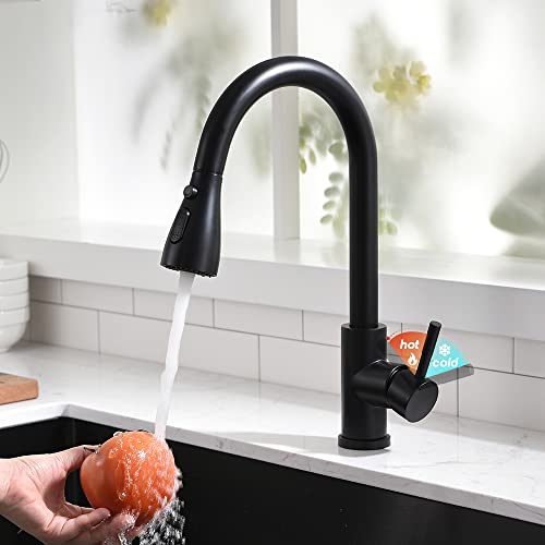 Kitchen Faucet with Pull Down Sprayer, Black Kitchen Faucet with 3 Functions Sprayer, Single Handle Stainless Steel Faucet for Kitchen Sink with Water Lines, Matte Black