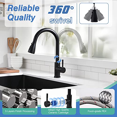 Kitchen Faucet with Pull Down Sprayer, Black Kitchen Faucet with 3 Functions Sprayer, Single Handle Stainless Steel Faucet for Kitchen Sink with Water Lines, Matte Black