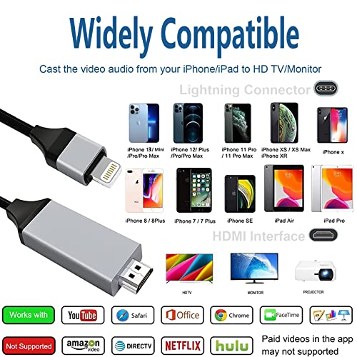 Lightning to HDMI Adapter Cable for iPhone,[Apple MFi Certified] 1080P HDTV Cable Adapter Digital AV Sync Screen Connector Compatible with iPhone/iPad/iPod on HD TV Monitor Projector - 6.6 Feet/2M