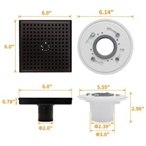 Sanycasa 6 Inch Square Shower Drain with Flange SUS 304 Stainless Steel Shower Floor Drain Removable Quadrato Pattern Grate - Watermark&CUPC Certified - Includes Hair Strainer - Oil Rubbed Bronze