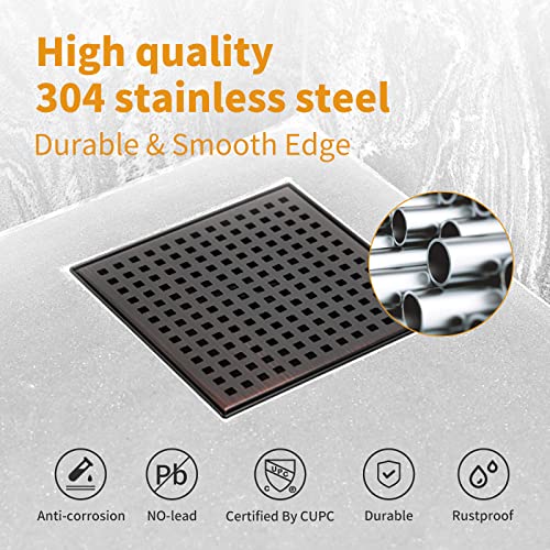 Sanycasa 6 Inch Square Shower Drain with Flange SUS 304 Stainless Steel Shower Floor Drain Removable Quadrato Pattern Grate - Watermark&CUPC Certified - Includes Hair Strainer - Oil Rubbed Bronze