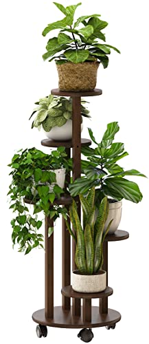 Indoor Plant Stand with Wheels, 5 Tiered , Bamboo Plant Stands for Indoor Plants Multiple, Corner Plant Stand for Window Garden Balcony Living Room Outdoor