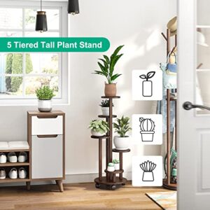 Indoor Plant Stand with Wheels, 5 Tiered , Bamboo Plant Stands for Indoor Plants Multiple, Corner Plant Stand for Window Garden Balcony Living Room Outdoor