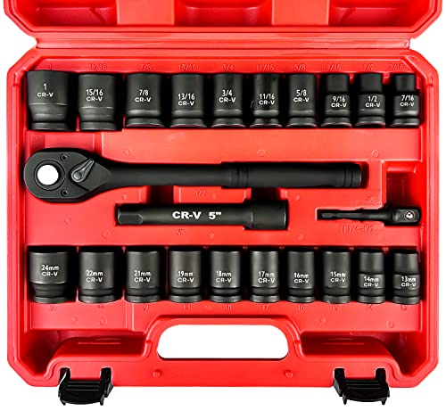 WETT 1/2-Inch Drive Socket Wrench Set, 23 Piece Impact Socket Sets, Shallow SAE/Metric, 13mm-24mm, 7/16"-1", 72 Teeth Quick Release Ratchet, Adapter and Extension Bar