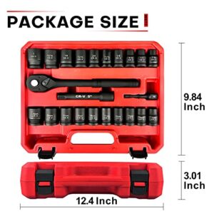 WETT 1/2-Inch Drive Socket Wrench Set, 23 Piece Impact Socket Sets, Shallow SAE/Metric, 13mm-24mm, 7/16"-1", 72 Teeth Quick Release Ratchet, Adapter and Extension Bar