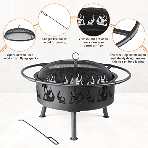 Wood Fire Pits,Bonfire Pit,Fire Pits for Outside,30 Inch Round Cast Iron Fire Pit for Patio,Backyard with Spark Screen,Fire Poker and Metal Grate (Flame)