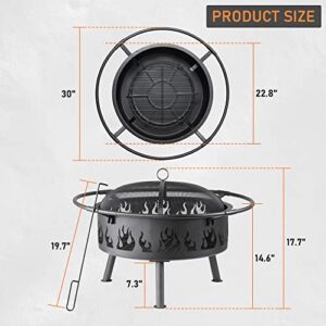 Wood Fire Pits,Bonfire Pit,Fire Pits for Outside,30 Inch Round Cast Iron Fire Pit for Patio,Backyard with Spark Screen,Fire Poker and Metal Grate (Flame)