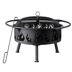 Wood Fire Pits,Bonfire Pit,Fire Pits for Outside,30 Inch Round Cast Iron Fire Pit for Patio,Backyard with Spark Screen,Fire Poker and Metal Grate (Flame)