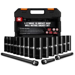 blackrobot 18 pcs 1/2" inch impact deep well metric socket set, 18 pieces socket set (10mm - 24mm), include 3", 5", and 10" impact extension bars, 6 point design cr-v socket set, meets ansi standards