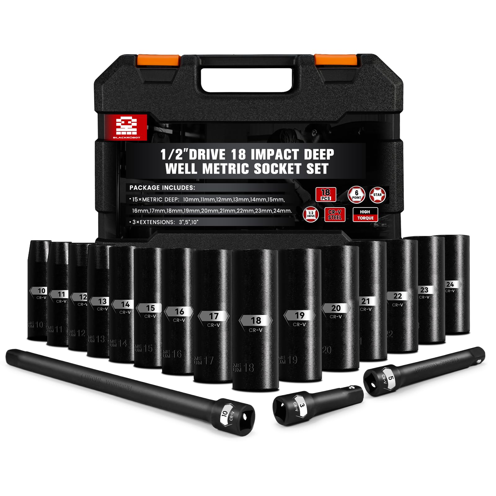 BLACKROBOT 18 PCS 1/2" Inch impact Deep Well Metric Socket Set, 18 Pieces Socket Set (10mm - 24mm), Include 3", 5", and 10" Impact Extension Bars, 6 Point Design Cr-V Socket Set, Meets ANSI Standards