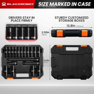 BLACKROBOT 18 PCS 1/2" Inch impact Deep Well Metric Socket Set, 18 Pieces Socket Set (10mm - 24mm), Include 3", 5", and 10" Impact Extension Bars, 6 Point Design Cr-V Socket Set, Meets ANSI Standards