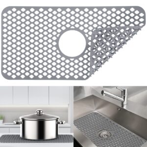 silicone sink mats, center drain kitchen sink protectors grid accessory, flexible and heat resistant non-slip porcelain sink saver for bottom ceramic rv large sink (24.5" x 12.8")-grey