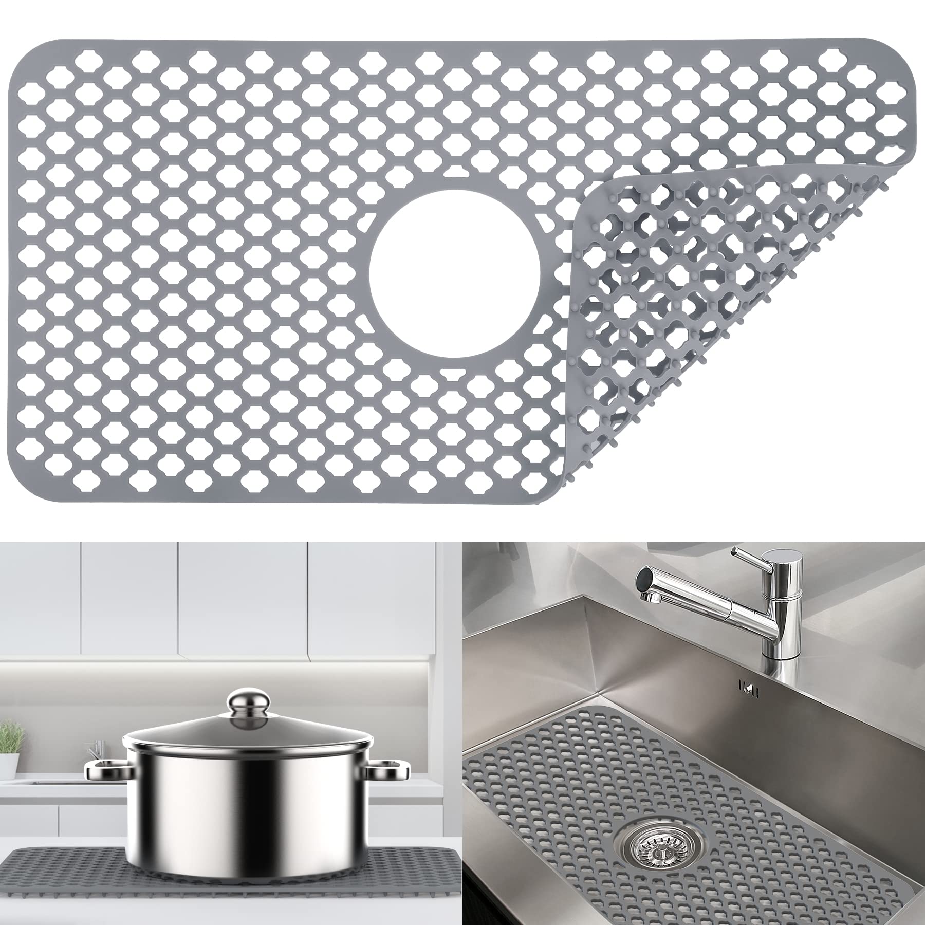 Silicone Sink Mats, Center Drain Kitchen Sink Protectors Grid Accessory, Flexible and Heat Resistant Non-slip Porcelain Sink Saver for Bottom Ceramic RV Large Sink (24.5" x 12.8")-grey