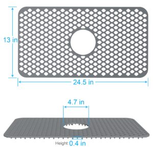 Silicone Sink Mats, Center Drain Kitchen Sink Protectors Grid Accessory, Flexible and Heat Resistant Non-slip Porcelain Sink Saver for Bottom Ceramic RV Large Sink (24.5" x 12.8")-grey