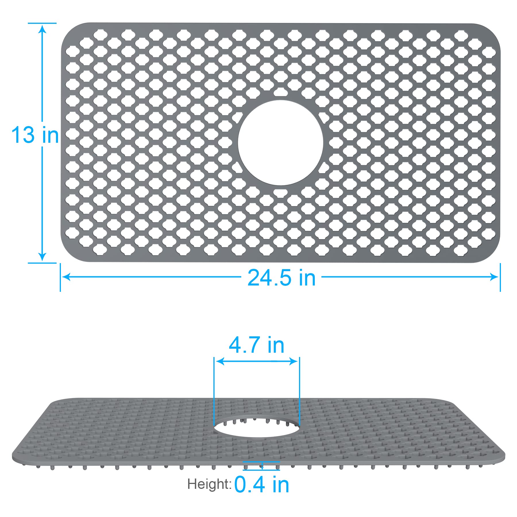 Silicone Sink Mats, Center Drain Kitchen Sink Protectors Grid Accessory, Flexible and Heat Resistant Non-slip Porcelain Sink Saver for Bottom Ceramic RV Large Sink (24.5" x 12.8")-grey