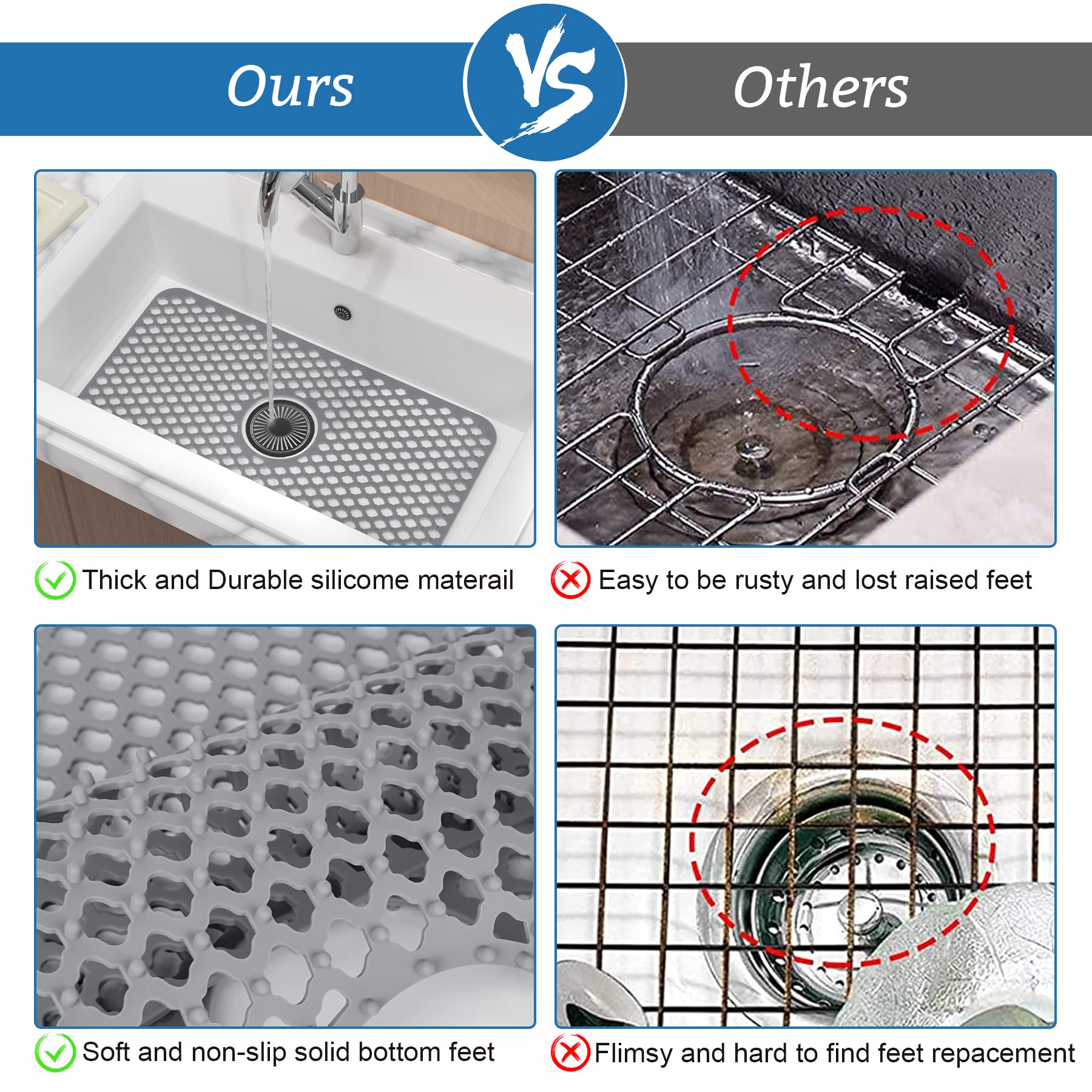 Silicone Sink Mats, Center Drain Kitchen Sink Protectors Grid Accessory, Flexible and Heat Resistant Non-slip Porcelain Sink Saver for Bottom Ceramic RV Large Sink (24.5" x 12.8")-grey