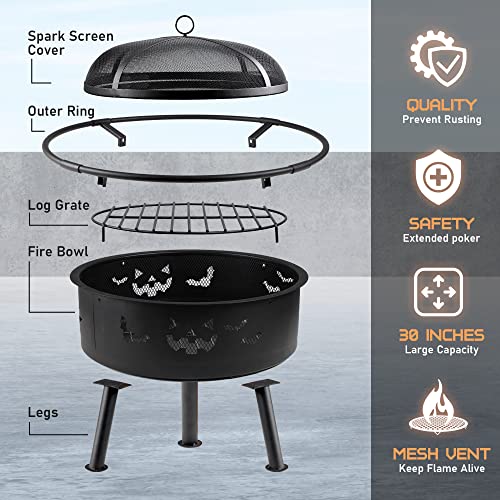 Fire Pit,Outdoor Fire Pits,Wood Fire Pits,Wood Burning Fire Pit,30" Fire Pits for Outside Patio,Backyard Fire Pit with Spark Screen,Log Grate,Poker Black